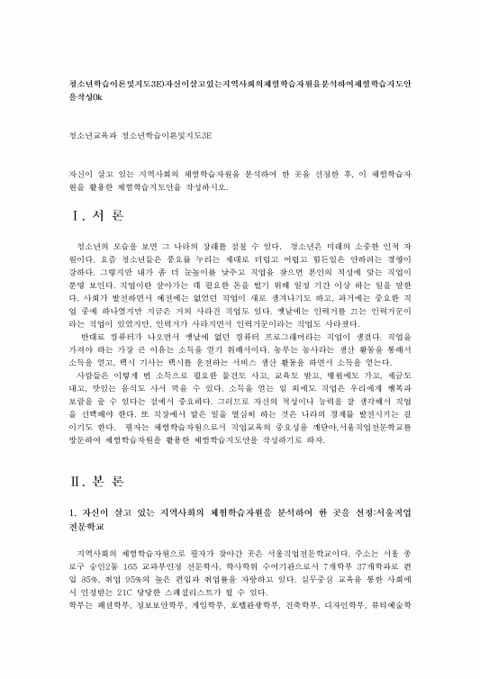 청소년학습이론및지도3E)자신이살고있는지역사회의체험학습자원을분석하여체험학습지도안을작성0k