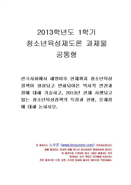 2013년 1학기 청소년육성제도론 중간시험과제물 공통(청소년육성정책의 현황과 문제점)
