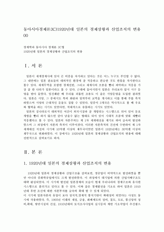 동아시아경제론3C) 1920년대 일본의 산업조직의 변용과 금융산업의 재편0k