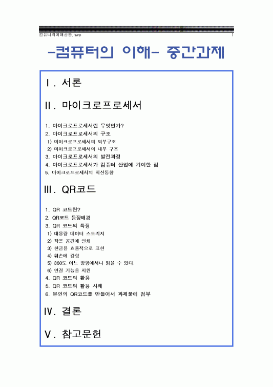 [컴퓨터의이해] 1.마이크로프로세서발전과정과 마이크로프로세서가 컴퓨터산업에 기여한 점 최신동향 2.매트릭스코드의 하나인 QR코드조사와 본인의 QR코드만들기-마이크로프로세서발전과정-