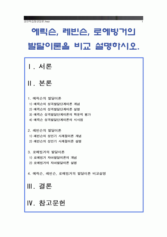 [성인학습및상담론 공통] 에릭슨, 레빈슨, 로에빙거의 발달이론을 비교설명하시오