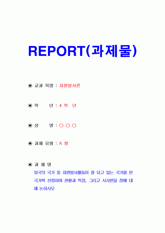 【자원봉사론4A】외국의 국가 중 자원봉사활동이 잘 되고 있는 국가의 현황,특징,시사점