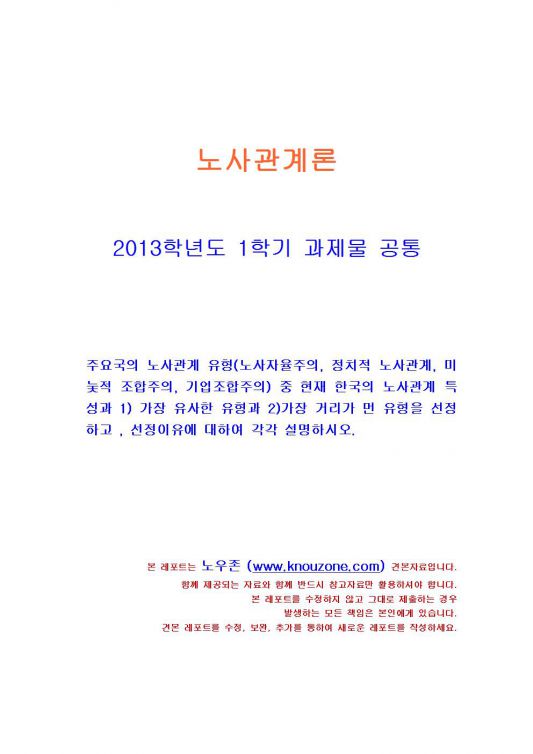 2013년 1학기 노사관계론 중간시험과제물 공통(주요국의 노사관계 유형)