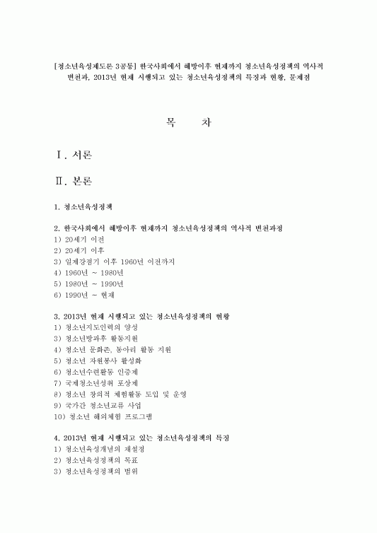 [청소년육성제도론 3공통] 한국사회에서 해방이후 현재까지 청소년육성정책의 역사적 변천과, 2013년 현재 시행되고 있는 청소년육성정책의 특징과 현황 및 문제점