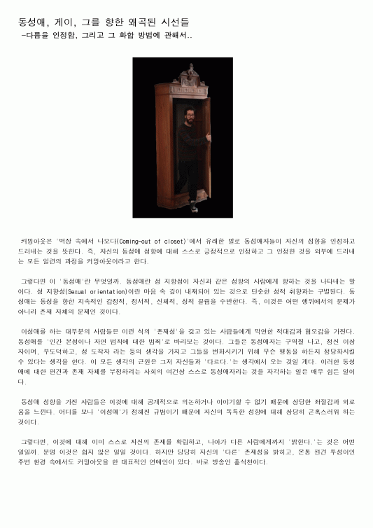 동성애, 게이, 그를 향한 왜곡된 시선들 (다름을 인정함, 그리고 그 화합 방법에 관해서)