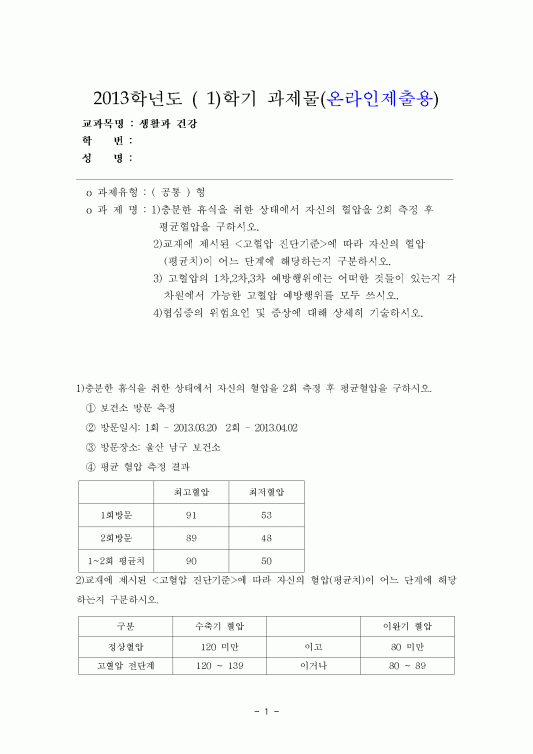 1) 자신의 혈압을 2회 측정후 평균혈압 2)교재에 <고혈압 진단기준>에 따라 자신의 혈압(평균치)이 어느 단계에 해당하는지 구분 3) 고혈압의 1차,2차,3차 예방행위롸 고혈압 예방행위 4)협심증 위험요인 및 증상
