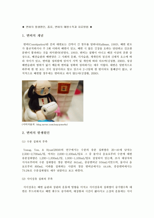 변비(Constipation)의 발생원인, 종류, 변비의 예방수칙과 치료방법