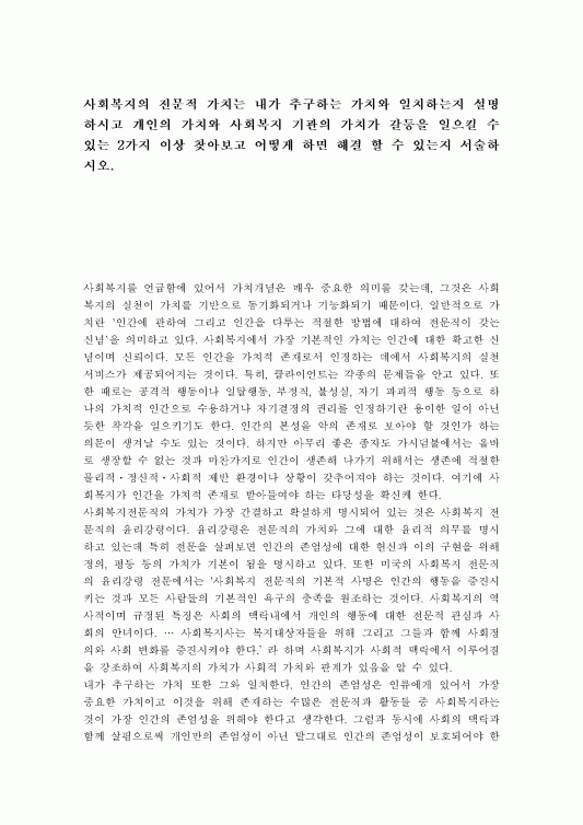 사회복지의 전문적 가치는 내가 추구하는 가치와 일치하는지 설명하시고 개인의 가치와 사회복지 기관의 가치가 갈등을 일으킬 수 있는 2가지 이상 찾아보고 어떻게 하면 해결 할 수 있는