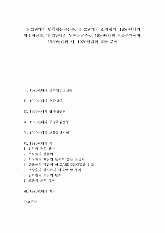 [1920년대][민족협동전선론][소작쟁의][광주청년회]1920년대의 민족협동전선론, 1920년대의 소작쟁의, 1920년대의 광주청년회, 1920년대의 무장독립운동, 1920년대의 보통문관시험, 1920년대의 시, 1920년대의 희곡