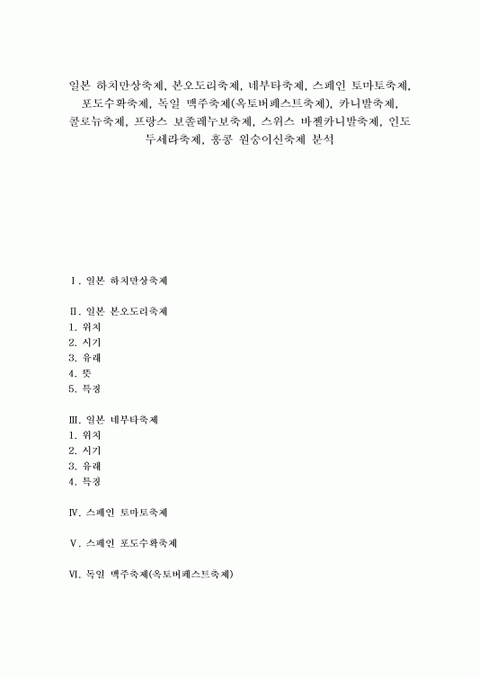 일본 하치만상축제, 본오도리축제, 네부타축제, 스페인 토마토축제, 포도수확축제, 독일 맥주축제(옥토버페스트축제), 카니발축제, 콜로뉴축제, 프랑스 보졸레누보축제, 바젤카니발축제, 두세라축제, 원숭이신축제