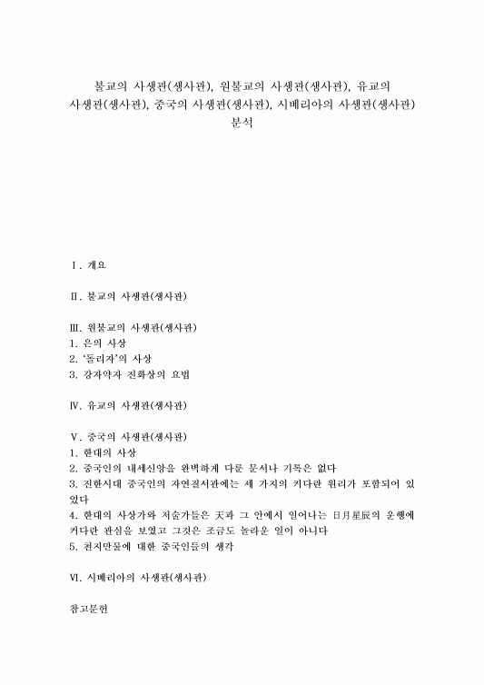 [사생관][생사관][불교 사생관][원불교 사생관][유교 사생관][중국][시베리아]불교의 사생관(생사관), 원불교의 사생관(생사관), 유교의 사생관(생사관), 중국의 사생관(생사관), 시베리아의 사생관(생사관) 분석