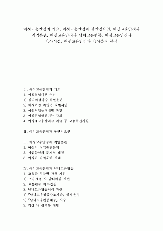 [여성고용안정][직업훈련][남녀고용평등][육아시설]여성고용안정 개요, 여성고용안정과 불안정요인, 여성고용안정과 직업훈련, 여성고용안정과 남녀고용평등, 여성고용안정과 육아시설, 여성고용안정과 육아휴직