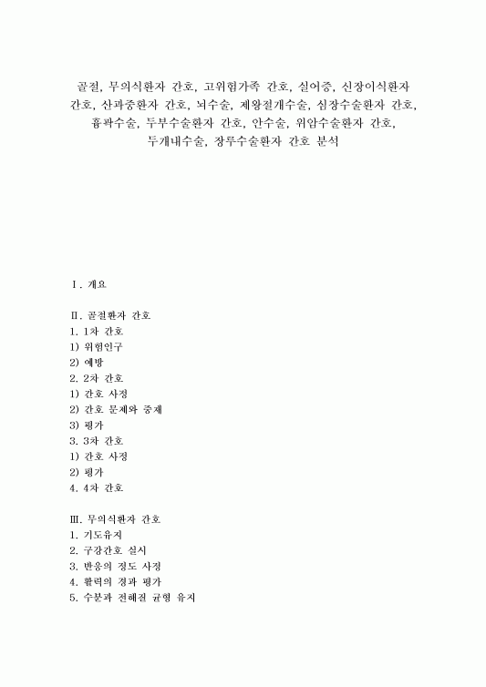 골절, 무의식환자 간호, 고위험가족 간호, 실어증, 신장이식환자 간호, 산과중환자 간호, 뇌수술, 제왕절개수술, 심장수술환자 간호, 흉곽수술, 두부수술환자, 안수술, 위암수술환자, 두개내수술, 장루수술환자 간호