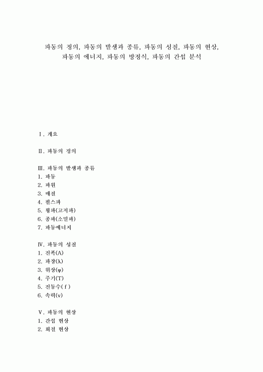 [파동, 파동 정의, 파동 발생과 종류, 파동 성질, 파동 현상, 파동 에너지, 파동 방정식, 파동 간섭]파동의 정의, 파동의 발생과 종류, 파동의 성질, 파동의 현상, 파동의 에너지, 파동의 방정식, 파동의 간섭 분석