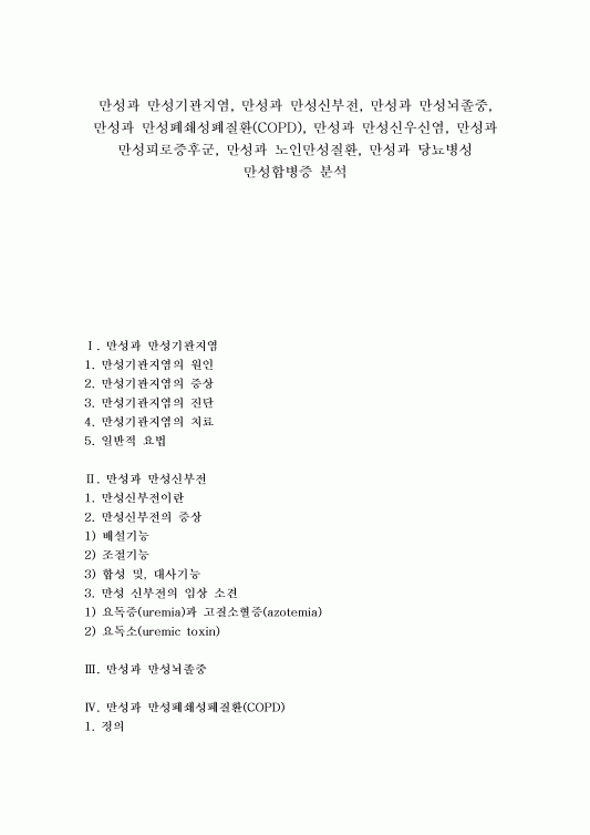 [만성]만성과 만성기관지염, 만성과 만성신부전, 만성과 만성뇌졸중, 만성과 만성폐쇄성폐질환(COPD), 만성과 만성신우신염, 만성과 만성피로증후군, 만성과 노인만성질환, 만성과 당뇨병성 만성합병증 분석