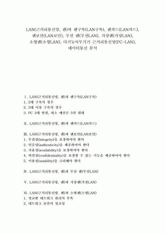 [LAN, 랜]LAN(근거리통신망, 랜)과 랜구축(LAN구축), 랜카드(LAN카드), 랜보안(LAN보안), 무선 랜(무선LAN), 가상랜(가상LAN), 소형랜(소형LAN), 다기능사무기기 근거리통신망(PC-LAN), 데이터통신 분석