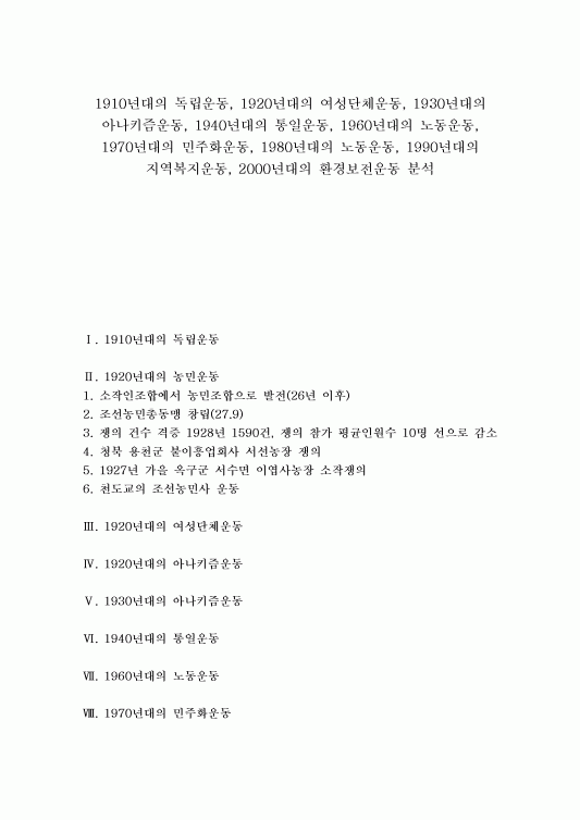 1910년대의 독립운동, 1920년대의 여성단체운동, 1930년대의 아나키즘운동, 1940년대의 통일운동, 1960년대의 노동운동, 1970년대의 민주화운동, 1980년대 노동운동, 1990년대 지역복지운동, 2000년대 환경보전운동