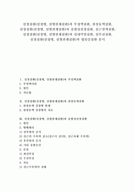 심장질환(심장병, 심혈관계질환) 부정맥질환, 관상동맥질환, 심장질환(심장병,심혈관계질환) 울혈성심장질환, 심근경색질환, 심장질환(심장병,심혈관계질환) 심내막염질환, 심부전질환, 심장질환(심장병) 협심증질환