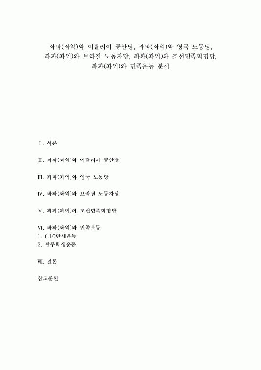 [좌파(좌익), 이탈리아 공산당, 영국 노동당, 브라질 노동자당]좌파(좌익)와 이탈리아 공산당, 좌파(좌익)와 영국 노동당, 좌파(좌익)와 브라질 노동자당, 좌파(좌익)와 조선민족혁명당, 좌파(좌익)와 민족운동 분석