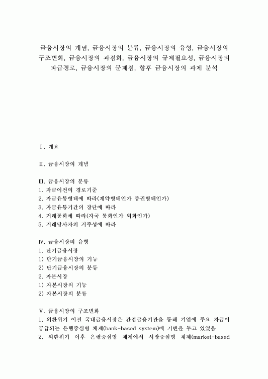 [금융시장, 과점화]금융시장의 개념, 금융시장의 분류, 금융시장의 유형, 금융시장의 구조변화, 금융시장의 과점화, 금융시장의 규제필요성, 금융시장의 파급경로, 금융시장의 문제점, 향후 금융시장의 과제 분석