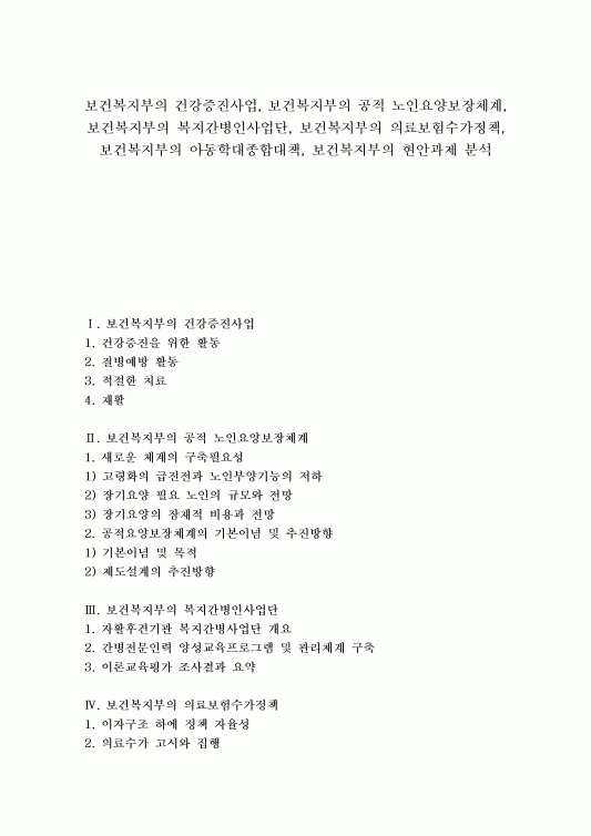[보건복지부]보건복지부의 건강증진사업, 보건복지부의 공적 노인요양보장체계, 보건복지부의 복지간병인사업단, 보건복지부의 의료보험수가정책, 보건복지부의 아동학대종합대책, 보건복지부의 현안과제 분석