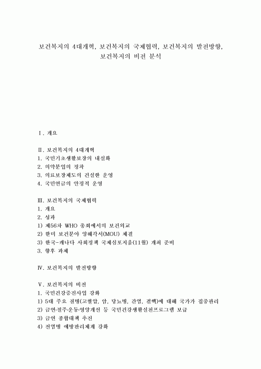 [보건복지, 보건복지 4대개혁, 보건복지 국제협력, 보건복지 발전방향, 보건복지 비전]보건복지의 4대개혁, 보건복지의 국제협력, 보건복지의 발전방향, 보건복지의 비전 분석(보건복지, 보건복지 4대개혁)