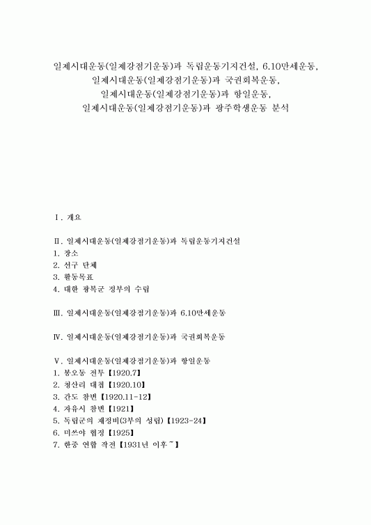일제시대운동(일제강점기운동)과 독립운동기지건설, 6.10만세운동, 일제시대운동(일제강점기운동)과 국권회복운동, 일제시대운동(일제강점기운동)과 항일운동, 일제시대운동(일제강점기운동)과 광주학생운동 분석