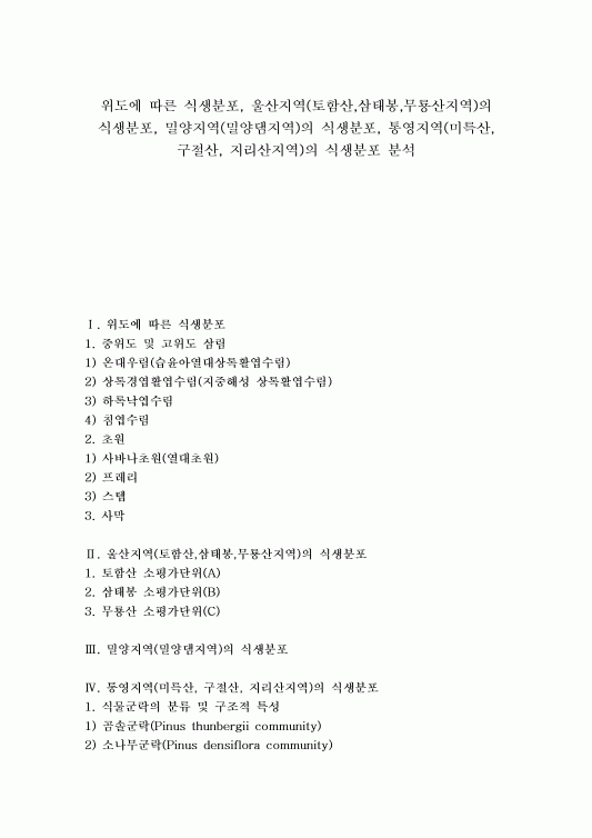 [식생분포, 위도, 울산지역(토함산, 삼태봉,무룡산지역)]위도에 따른 식생분포, 울산지역(토함산,삼태봉,무룡산지역)의 식생분포, 밀양지역(밀양댐지역)의 식생분포, 통영지역(미륵산, 구절산, 지리산지역) 식생분포