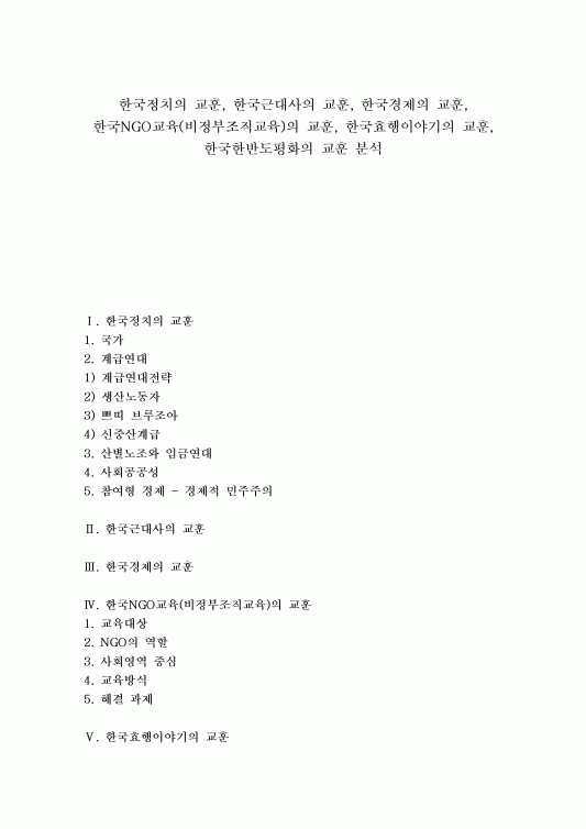 [교훈, 한국정치, 한국근대사, 한국NGO교육(비정부조직교육)]한국정치의 교훈, 한국근대사의 교훈, 한국경제의 교훈, 한국NGO교육(비정부조직교육)의 교훈, 한국효행이야기의 교훈, 한국한반도평화의 교훈 분석
