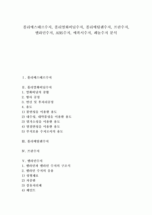 [폴리에스테르수지, 폴리염화비닐수지, 폴리에틸렌수지, 프란수지, 멜라민수지, ABS수지]폴리에스테르수지, 폴리염화비닐수지, 폴리에틸렌수지, 프란수지, 멜라민수지, ABS수지, 에폭시수지, 페놀수지 분석