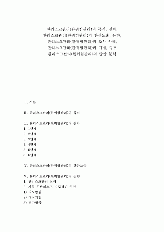 환리스크관리(환위험관리)의 목적, 절차, 환리스크관리(환위험관리)의 환산노출, 동향, 환리스크관리(환위험관리)의 조사 사례, 환리스크관리(환위험관리)의 기법, 향후 환리스크관리(환위험관리)의 방안 분석