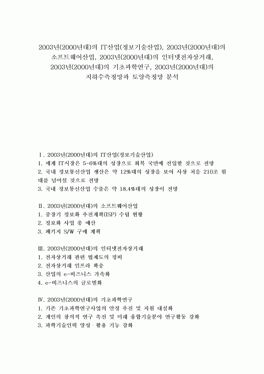[2000년대]2003년(2000년대)의 IT산업(정보기술산업), 2003년(2000년대)의 소프트웨어산업, 2003년(2000년대)의 인터넷전자상거래, 2003년(2000년대)의 기초과학연구, 2003년(2000년대)의 지하수측정망과 토양측정망