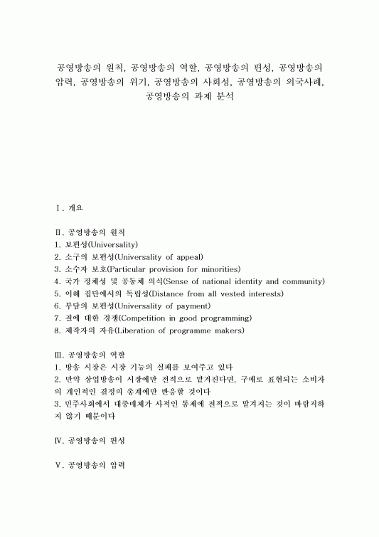 [공영방송][공영방송 원칙][공영방송 역할][공영방송 편성]공영방송의 원칙, 공영방송의 역할, 공영방송의 편성, 공영방송의 압력, 공영방송의 위기, 공영방송의 사회성, 공영방송의 외국사례, 공영방송의 과제 분석