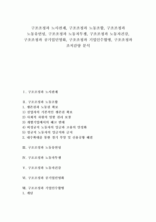 [구조조정][노사관계]구조조정과 노사관계, 구조조정과 노동조합, 구조조정과 노동유연성, 구조조정과 노동자투쟁, 구조조정과 노동자건강, 구조조정과 공기업민영화, 구조조정과 기업인수합병, 구조조정과 조직감량