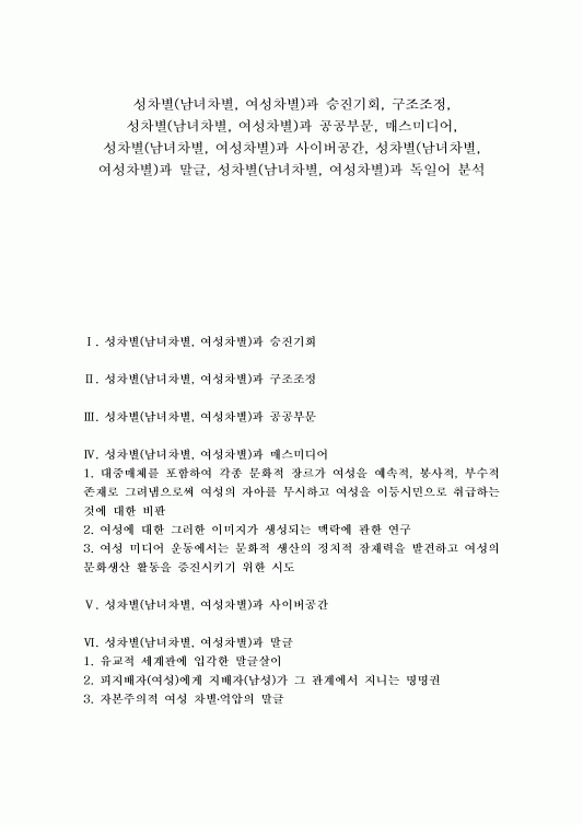 성차별(남녀차별, 여성차별) 승진기회, 구조조정, 성차별(남녀차별, 여성차별) 공공부문, 매스미디어, 성차별(남녀차별, 여성차별) 사이버공간, 성차별(남녀차별, 여성차별)말글, 성차별(남녀차별, 여성차별)독일어