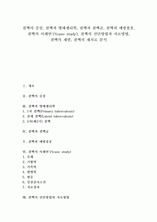 [결핵, 병태생리학, 결핵균, 예방접종, 치료]결핵의 증상, 결핵과 병태생리학, 결핵과 결핵균, 결핵과 예방접종, 결핵의 사례연구(case study), 결핵의 진단방법과 치료방법, 결핵의 재발, 결핵의 재치료 분석