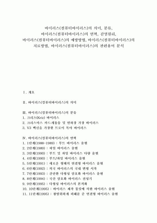 바이러스(컴퓨터바이러스)의 의미, 분류, 바이러스(컴퓨터바이러스)의 연혁, 감염원리, 바이러스(컴퓨터바이러스)의 예방방법, 바이러스(컴퓨터바이러스)의 치료방법, 바이러스(컴퓨터바이러스)의 관련용어 분석
