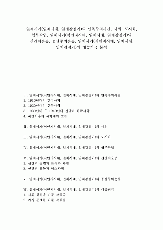 일제시기(일제시대, 일제강점기)의 민족주의사관, 사회, 도시화, 형무작업, 일제시기(식민지시대, 일제시대, 일제강점기)의 신간회운동, 공산주의운동, 일제시기(식민지시대, 일제시대, 일제강점기)의 대중희극 분석