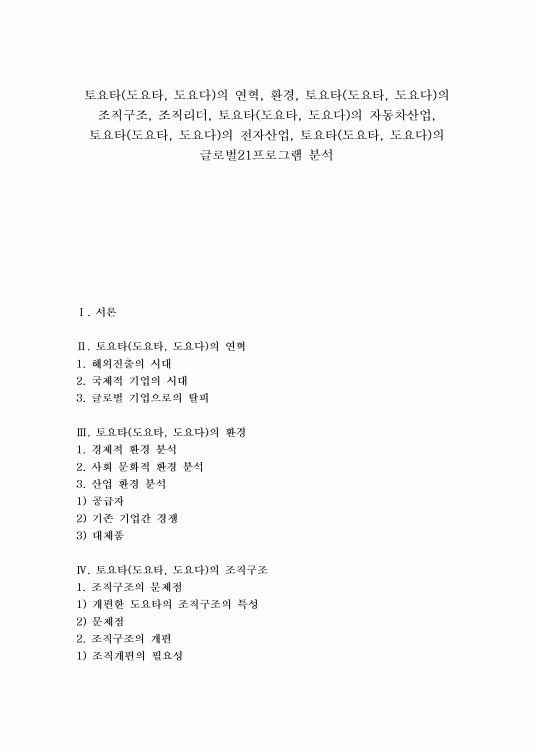 토요타(도요타, 도요다)의 연혁, 환경, 토요타(도요타, 도요다)의 조직구조, 조직리더, 토요타(도요타, 도요다)의 자동차산업, 토요타(도요타, 도요다)의 전자산업, 토요타(도요타, 도요다)의 글로벌21프로그램