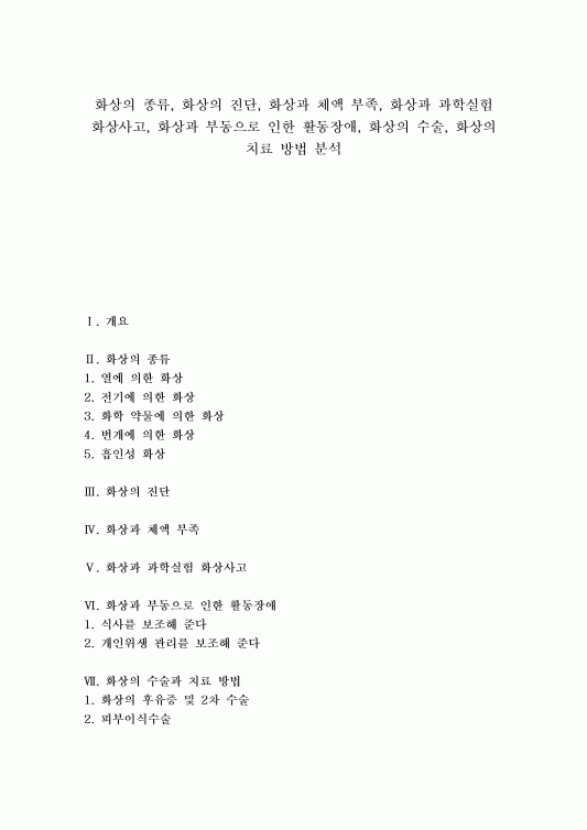 [화상][과학실험 화상사고][화상과 부동으로 인한 활동장애][화상수술]화상의 종류, 화상의 진단, 화상과 체액 부족, 화상과 과학실험 화상사고, 화상과 부동으로 인한 활동장애, 화상의 수술, 화상의 치료 방법