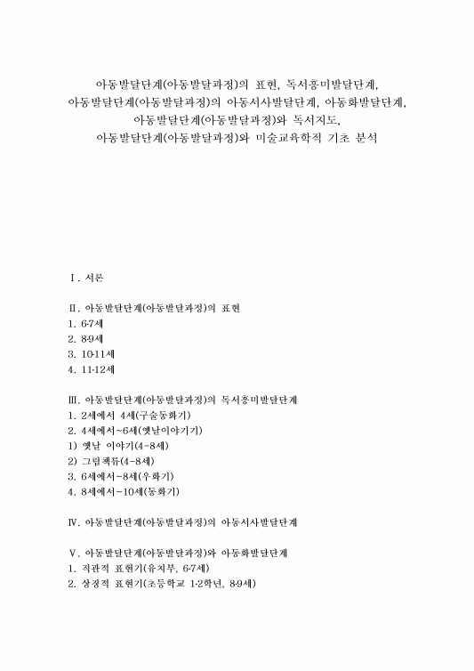 아동발달단계(아동발달과정) 표현, 독서흥미발달단계, 아동발달단계(아동발달과정)의 아동서사발달단계,아동화발달단계, 아동발달단계(아동발달과정)와 독서지도, 아동발달단계(아동발달과정)와 미술교육학적 기초