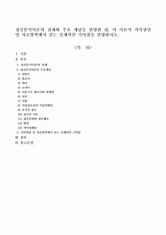 정신분석이론의 전제와 주요 개념을 설명한 뒤, 이 이론이 가족상담 및 치료영역에서 갖는 실제적인 기여점을 설명.