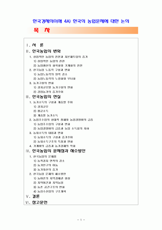 한국경제의이해 4A) 한국의 농업문제에 대한 논의