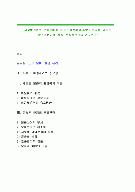 글로벌기업의 문화적환경 관리(문화적환경관리의 중요성, 새로운 문화적환경의 적응, 문화적환경의 관리전략)