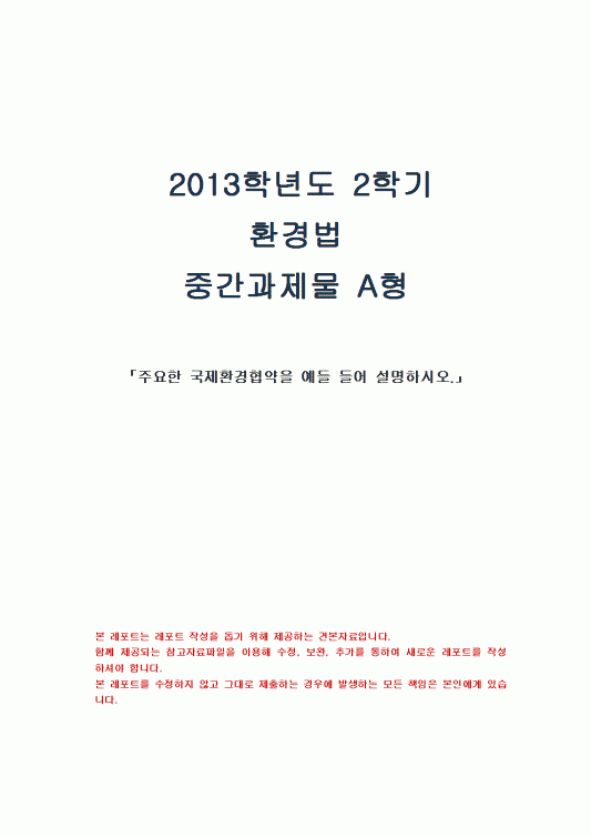 2013년 2학기 환경법 중간시험과제물 A형(주요한 국제환경협약)