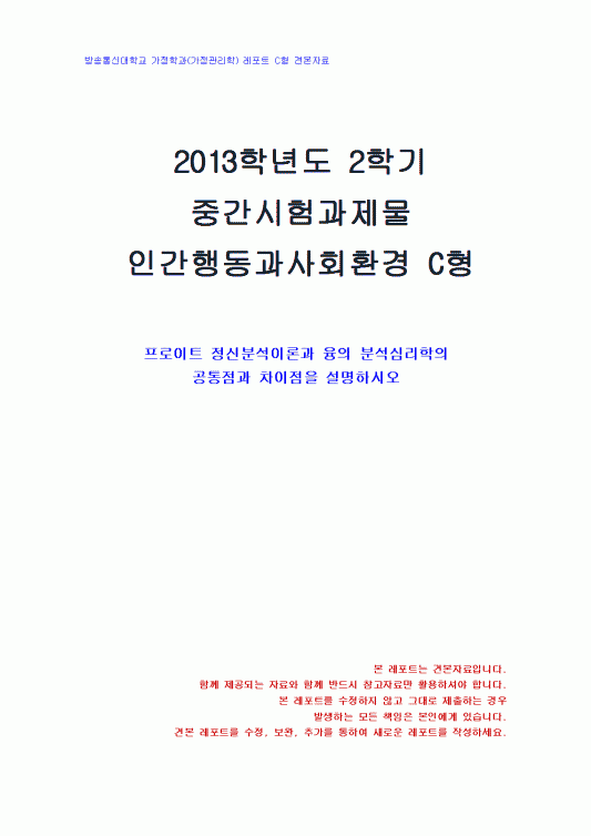 2013년 2학기 인간행동과사회환경 중간시험과제물 C형(프로이트정신분석,융의 분석심리학)