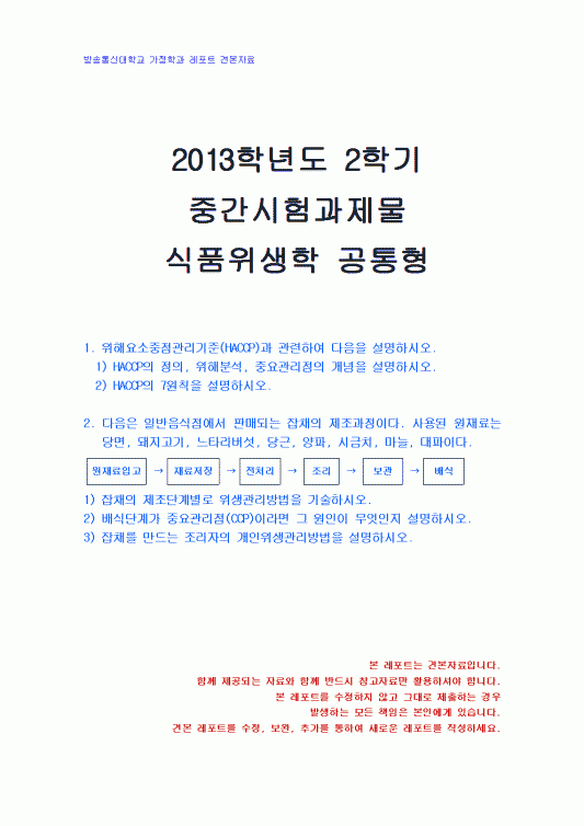 2013년 2학기 식품위생학 중간시험과제물 공통(위해요소중점 관리기준 HACCP)