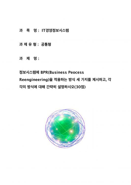 [IT와경영정보시스템공통] 정보시스템에 BPR(Business Peocess Reengineering)을 적용하는 방식 세 가지를 제시하고, 각각의 방식에 대해 간략히 설명