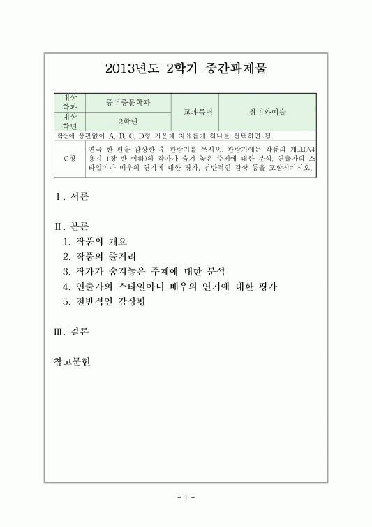 연극 한 편을 감상한 후 관람기를 쓰시오. 관람기에는 작품의 개요와 작가가 숨겨 놓은 주제에 대한 분석, 연출가의 스타일이나 배우의 연기에 대한 평가, 전반적인 감상평