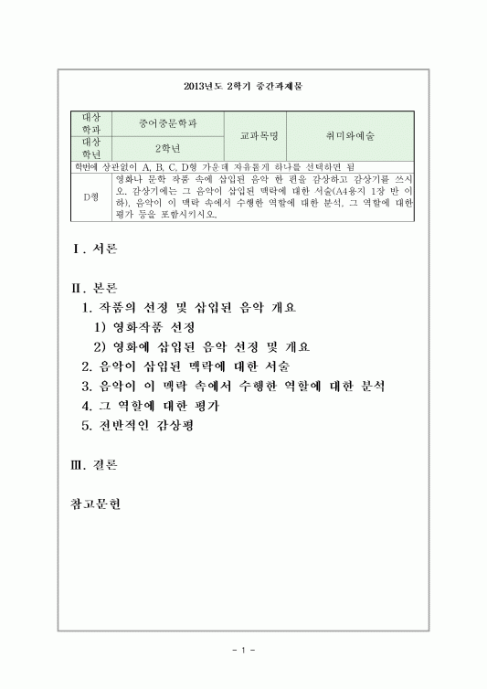 영화나 문학 작품 속에 삽입된 음악 한 편을 감상하고 감상기를 쓰시오. 감상기에는 그 음악이 삽입된 맥락에 대한 서술, 음악이 이 맥락 속에서 수행한 역할분석, 그 역할 평가